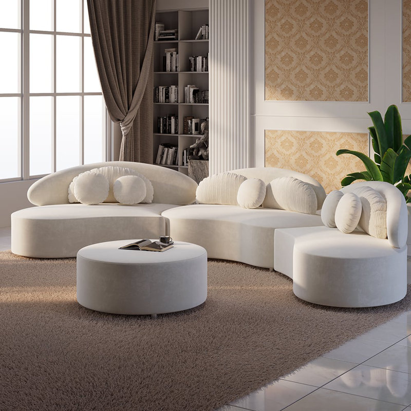 Homary Modern 7 Seat Sectional Sofa Curved Modular Beige Velvet Upholstered With Ottoman Wayfair Canada